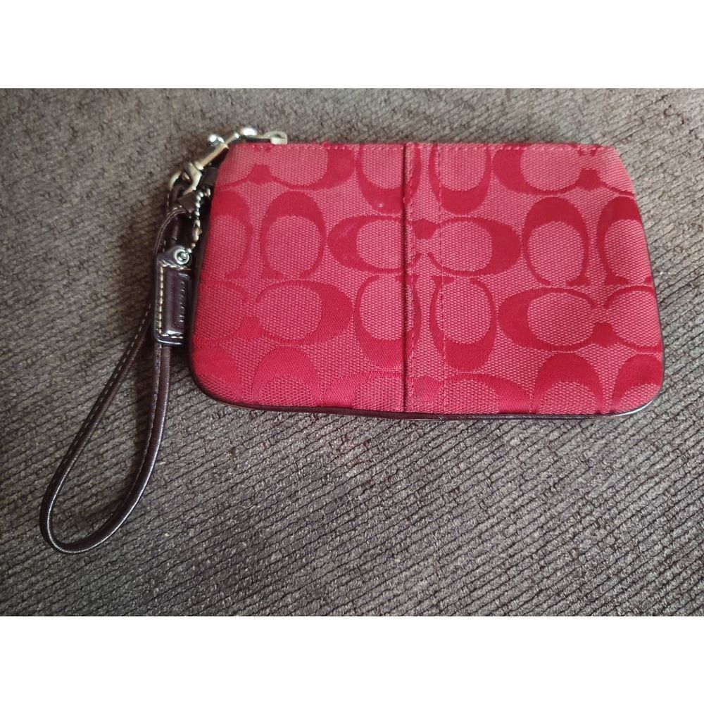 Coach Red Signature Canvas Brown Leather Trim Small Z… - Gem